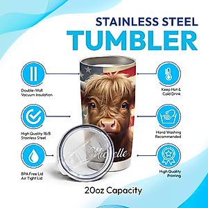 Hyturtle Personalized Gifts For Highland Cow Lover - American Flag Highland Cow Stainless Steel Tumbler 20oz With Lid - Idea Farm Animals Lover Gifts For Women, Girl On Christmas, Independence Day