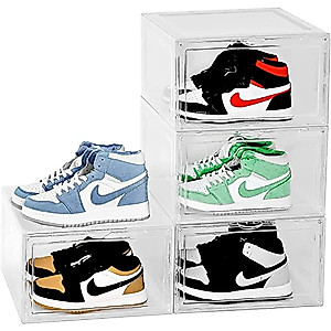 Shoe Storage Box, Free Installation Large Acrylic Shoe Storage Boxes Clear , Stackable Shoe Organizer for Closet , Shoe Containers 4 Pack Fit up to US Size 14 for Men/Women(14.2’’x 11”x 8.3”)