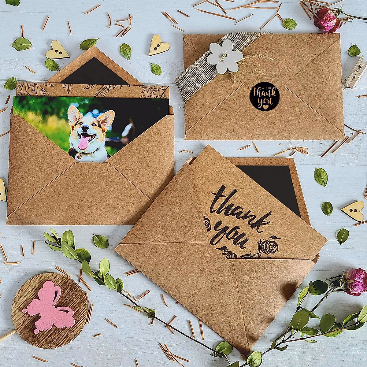 150 Thank You Cards with Matching Brown Kraft Envelopes and Stickers - Elegant 10 Designs Kraft Paper Bulk Blank Notes, Prefolded 4x6 Inch Blank