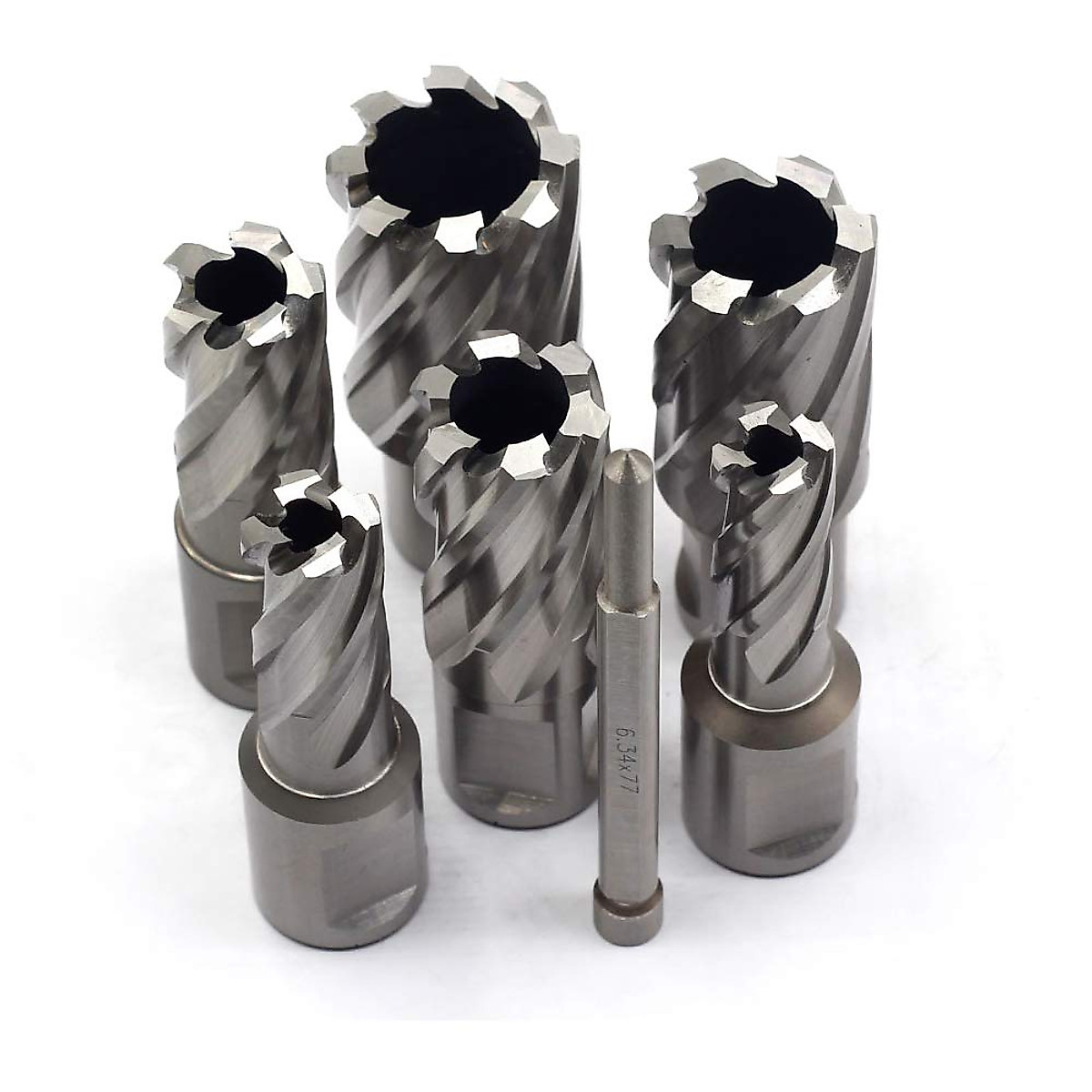 OSCARBIDE Annular Cutter Set 7 Pieces 3/4" Weldon Shank 1"Cutting Depth,1/2 to 1-1/16 inch Diameter,2 Flats Annular Cutters HSS Mag Drill Bits Kit for Magnetic Drill Press with 1 Pieces Pilot Pin