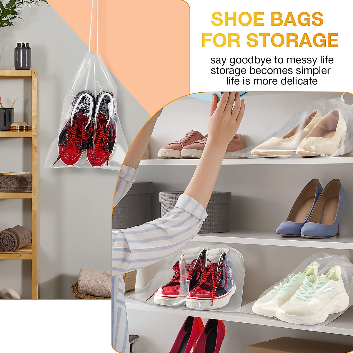 100 Pieces Shoe Bags for Travel, 12 x 16 Inch Large Clear Travel Shoe Bag Packing Drawstring Bags 4.72 Mil Thickness Plastic Waterproof Portable Shoe Bags Organizer Pouch with Rope for Men and Women