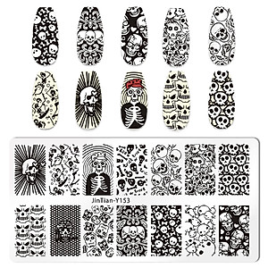 8 PCS Halloween Nail Art Stamping Plates Skull Ghost Bat Spider Witch Halloween Designs Nail Art Plates Templates Nail Stamping Plates 1 Stamper 1 Scraper Lace for DIY Printing Manicure Decoration
