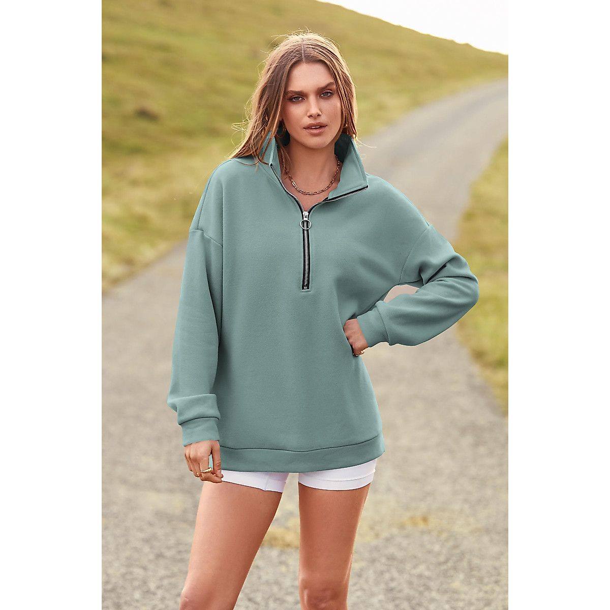 PRETTYGARDEN Women Causal 1/4 Zip PulloverLong Sleeve Collar Sweatshirts Solid Activewear Running Jacket (Green, Large)
