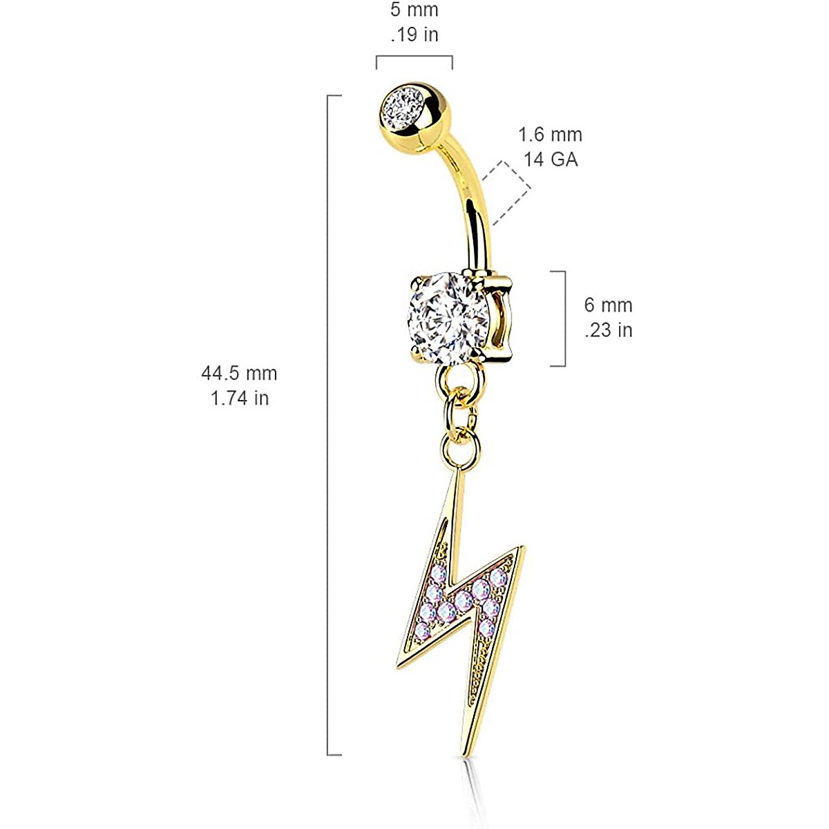 Lightning Bolt Paved with AB CZ Dangle 316L Surgical Steel Jeweled Belly Button Ring (Rose Gold)