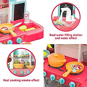 Little Brown Box Kids Pink Plastic Kitchen Playset Toy, Pretend Play, Cookware Set, Dishes, Pretend Food W/ Sink, Realistic Steam, Lights & Music - Gift for Toddler, Children, Girls 3,4,5 Years