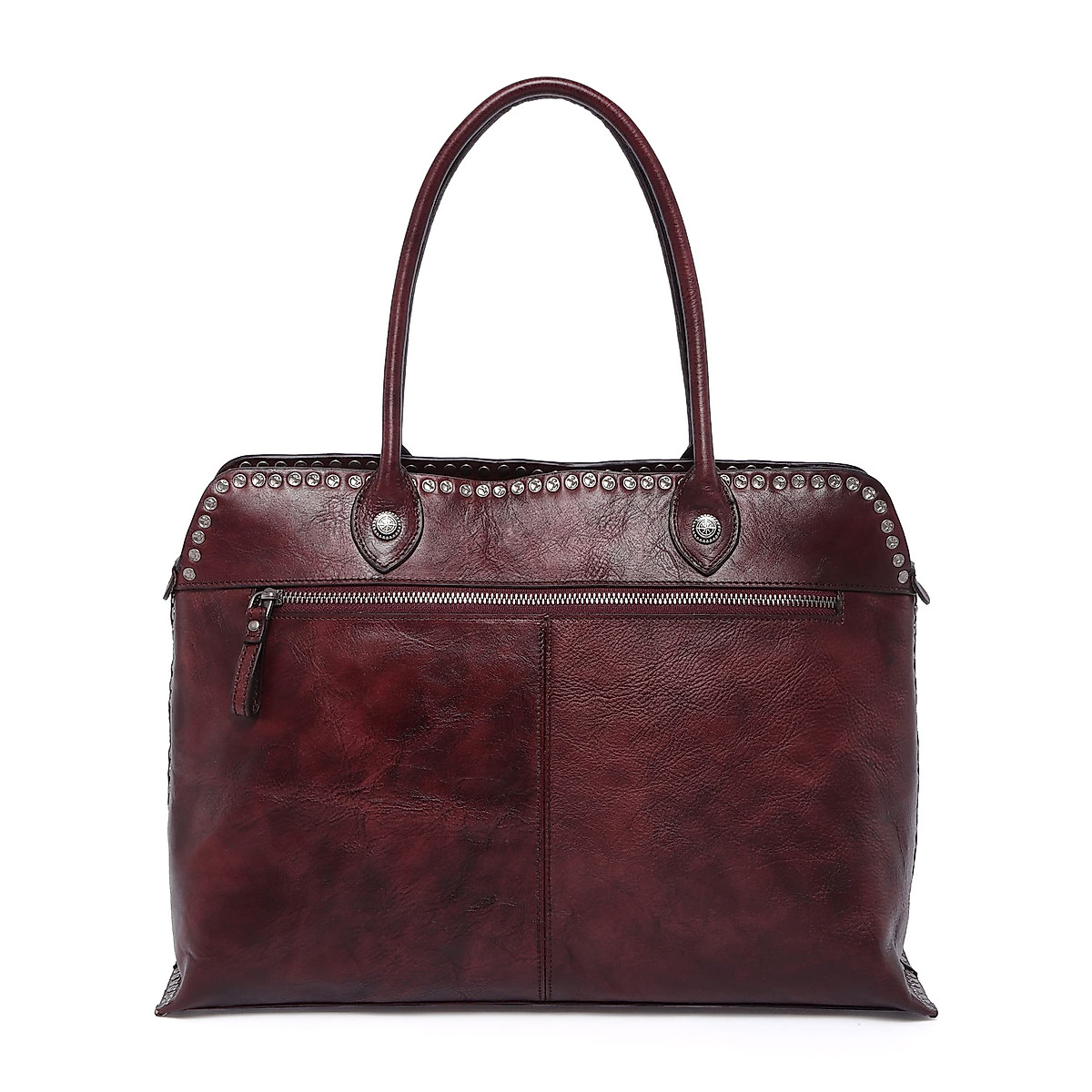 OLD TREND Genuine Leather Soul Stud Satchel Tote Bag Office Daily Handbage (Rusty Red)