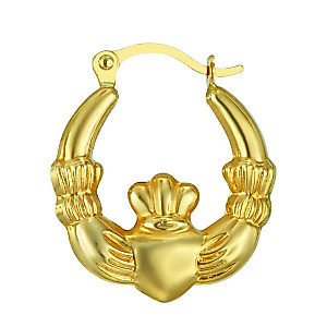 14k REAL Yellow Gold Fancy Claddagh Hoop Earrings (15 x 15mm)
