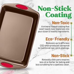 NutriChef 2-Piece Baking Pan Set - PFOA, PFOS, PTFE Free Flexible Nonstick Golden Coating Carbon Steel Bakeware - Professional Home Kitchen Bake Cookie Sheet Stackable Tray w/Red Silicone Handles