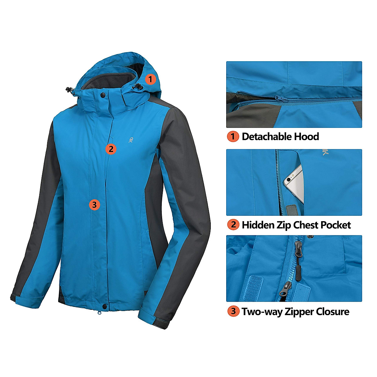 Little Donkey Andy Women's 3 in 1 Winter Ski Jacket Warm Fleece Liner Jacket Waterproof Windproof Snow Coat & Detachable Hood Blue/Grey M