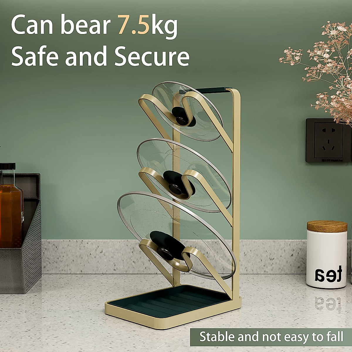 szxzy01 Lid Stand Lid Organizer Pot Lid Rack Holder for Utensils in Kitchen Cabinet Spatula Rack,Cutting Boards,Spoon Storage Gold