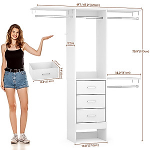 Besiost 4FT Small Closet System with 3 Fabric Drawers, 48'' Closet Organizer System with 3 Adjustable Shelves, Flexible Built-in Clothes Garment Rack for Small Space, 48" L x 13" W x 71" H, White