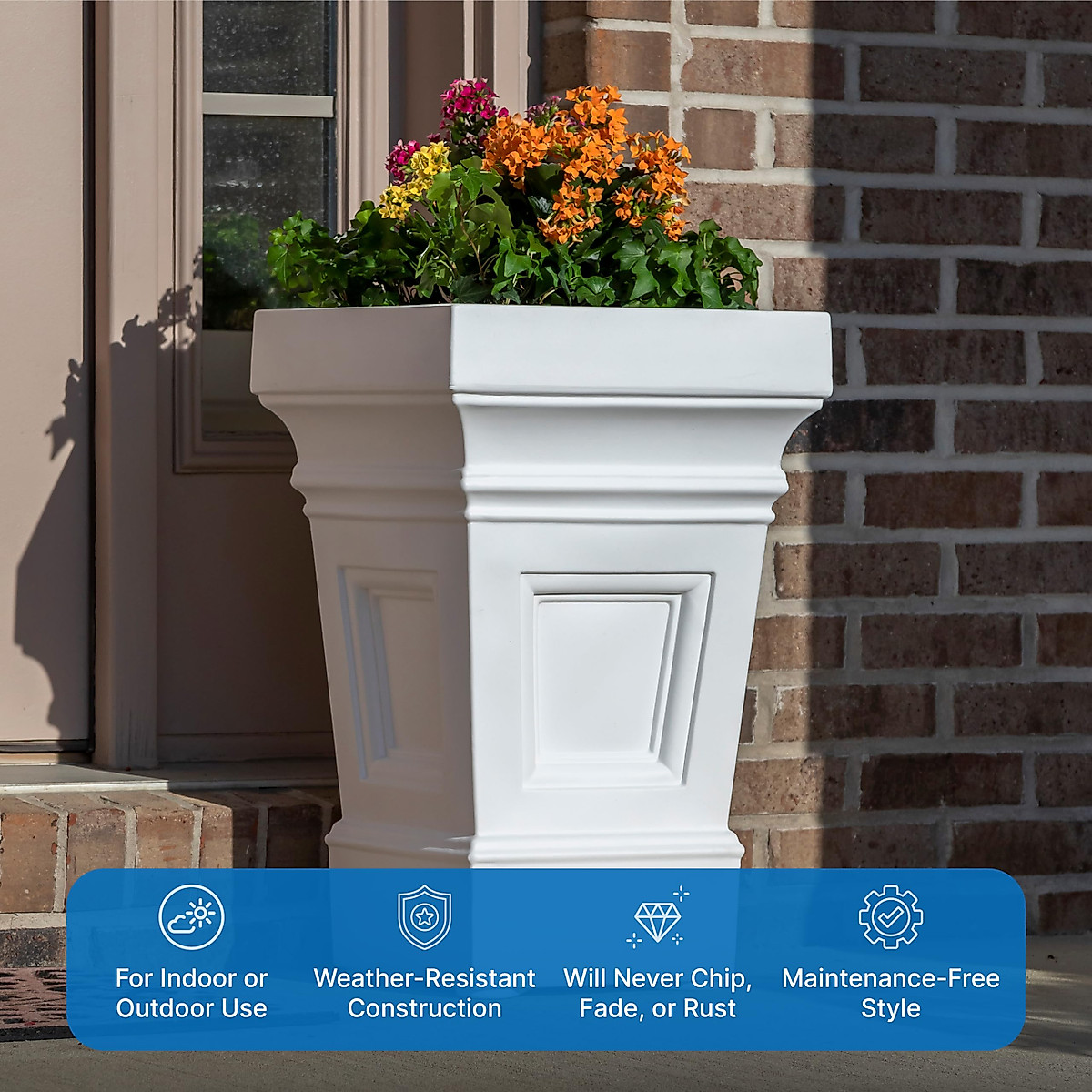 Step2 Atherton Square Planter, Large Planters for Outdoor Plants, Gardening and Flower Pot for Patio or Porch, Efficient Drainage, Durable Plastic, White, 2-Pack