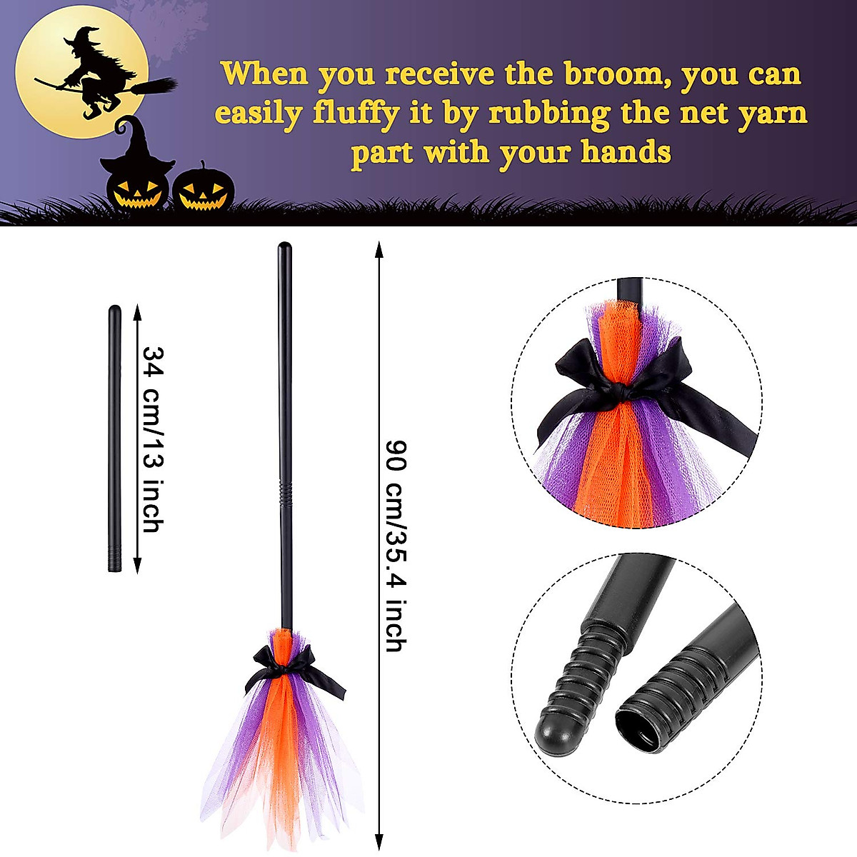 4 Pieces 32 Inch Halloween Witch Broom Kids Plastic Witch Broomstick Halloween Wizard Flying Stick Cosplay Costume Party Supplies Photo Booth Witch Broom Accessory, 4 Colors