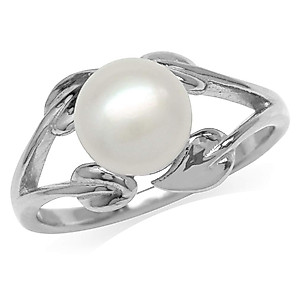 Silvershake 8mm Cultured Freshwater Pearl White Gold Plated 925 Sterling Silver Leaf Ring Size 8