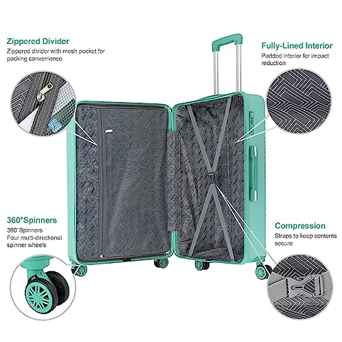 PINPON Luggage Sets 3 Piece, Expandable Hard Luggage Sets with TSA Lock, Carry On Luggage with Double Spinner Wheels for Women Men, Travel Suitcase Lightweight (20/24 / 28, Green)