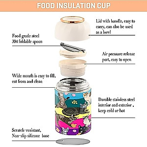CUPADA Cute Cats Kittens Food Jar, Colorful Stripes Insulated Hot Food Jars Vacuum 17OZ with Folding Spoon for Work Trip Picnic Camping