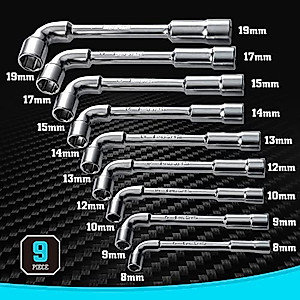 DURATECH L-Type Pipe Perforation Elbow Wrench Set, L Shaped Hex Socket Wrench Set, Metric, 9-Piece, 8-19mm, Chrome Alloy Steel, 6 Point, with Rolling Pouch