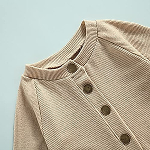 Newborn Baby Girl Boy Clothes Casual Jumpsuit Unisex Infant Solid Color Long Sleeve Romper with Pockets (Khaki, 6-9 Months)