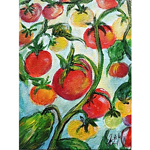 Cherry Tomatoes on the Vine, Food Art, Kitchen Decor, Vegetables Oil Painting, Red Yellow Mini Tomatoes Wall Decor