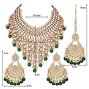 Aheli Elegant Indian Wedding Wear Faux Kundan Studded Choker Necklace with Maang Tikka Set Ethnic Fashion Jewelry for Women (Green Kundan & Pearl Drop)