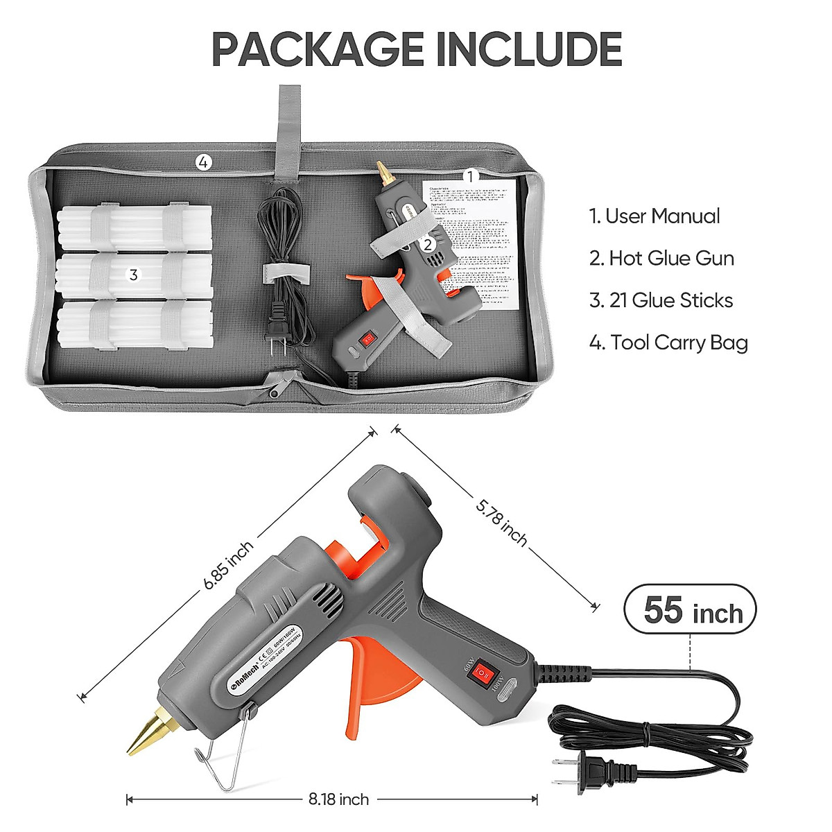 ROMECH Full Size Hot Glue Gun with 60/100W Dual Power and 21 Hot Glue Sticks (7/16"), Fast Preheating Heavy Duty Industrial Gluegun with Storage Case for Crafting, DIY and Repairs (Gray)