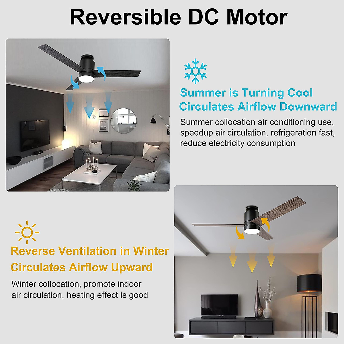 Flybull Ceiling Fans with Lights Flush Mount, 52 Inch Modern Black Ceiling Fan with Light and Remote Control - 3 Wood Blades LED Ceiling Fan Low Profile Ceiling Fan Light