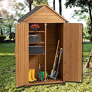 Jaxilyn 5.8ft x 3ft Outdoor Storage Cabinet,Garden Wood Tool Shed, Wood Lean-to Storage Shed Tool Organizer with Waterproof Asphalt Roof, Lockable Doors, 3-Tier Shelves for Backyard,Brown