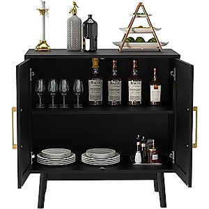 RESOM Black Rattan Accent Storage Cabinet, Sideboard Buffet Cabinet with Rattan Doors, Modern Wood Cabinet for Living Room, Dining Room, Kitchen, Entryway and Hallway