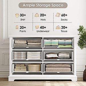 HOSTACK 6 Drawers Dresser, White Chest of Drawers, Wide Wood Double Dressers, Modern Farmhouse Storage Dresser for Living Room, Entryway, Hallway