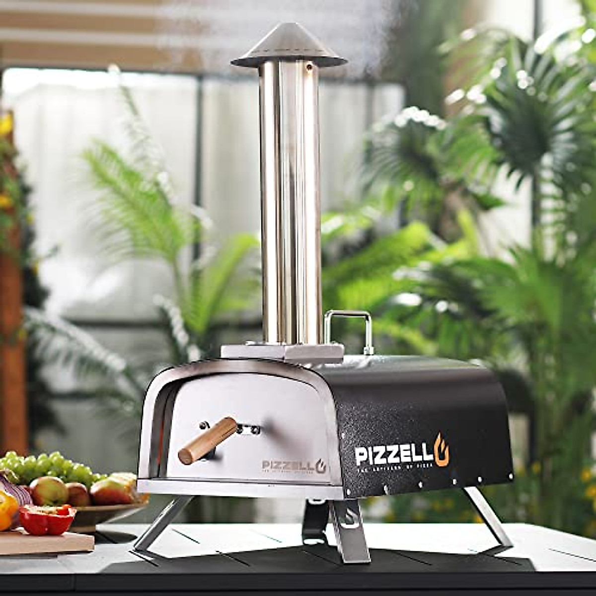 PIZZELLO Outdoor Pizza Oven Propane & Wood Fired Stainless Steel Pizza Grill with Gas Burner, Wood Tray Pizza Stone, Pizza Peel, Carry Bag, Pizzello Forte Gas (Black)