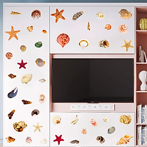 WOYINIS Lifelike 3D Seashells Wall Decals, DIY Removable Conch Scallop Starfish Wall Stickers, Peel & Stick Beach Wall Decals for Living Room Bedroom Kids Room Playroom Nursery Bathroom Decor