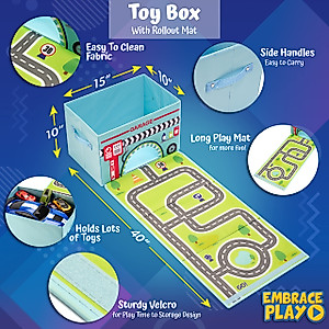 EMBRACE PLAY Toy storage box with car rug play mat - Toy box for boys and girls - 2 in 1 collapsible toy car storage- toyboxes for children - toy boxes for kids (BLUE)