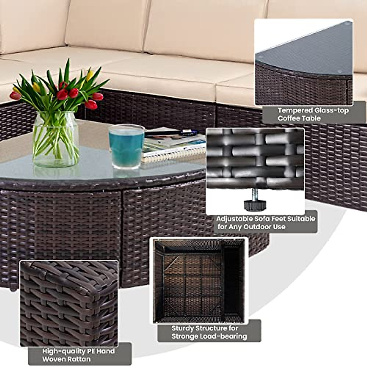 SOLAURA 6 Pieces Patio Furniture, Patio Sectional Sofa All-Weather PE Wicker Modular Outdoor Furniture Patio Conversation Set with Glass Coffee Table (Brown)