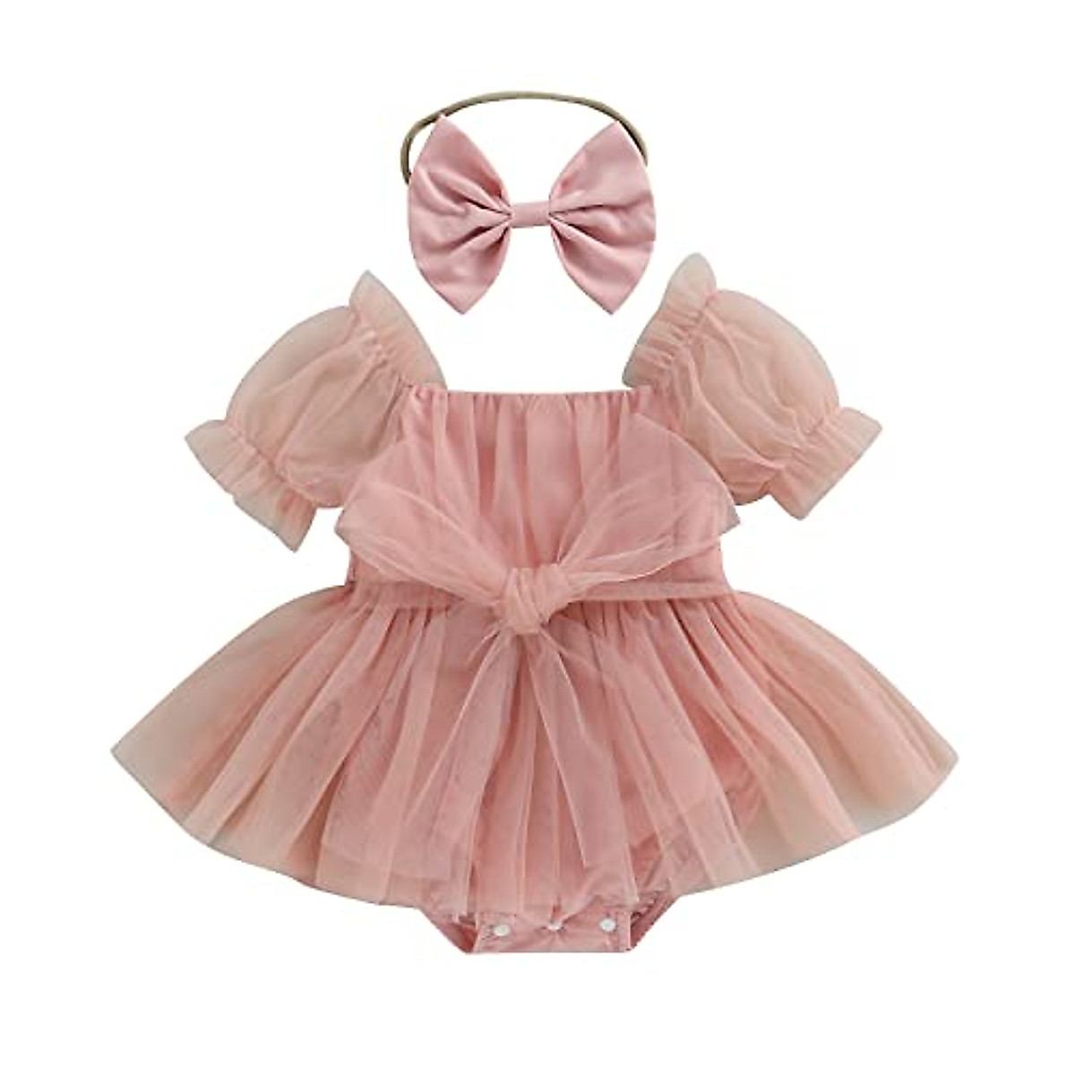 VISGOGO Summer Newborn Baby Girls Rompers Dress Flower Embroidery Mesh Short Sleeve Jumpsuits Headband Casual Outfits (Pink-mesh, 12-18 Months)