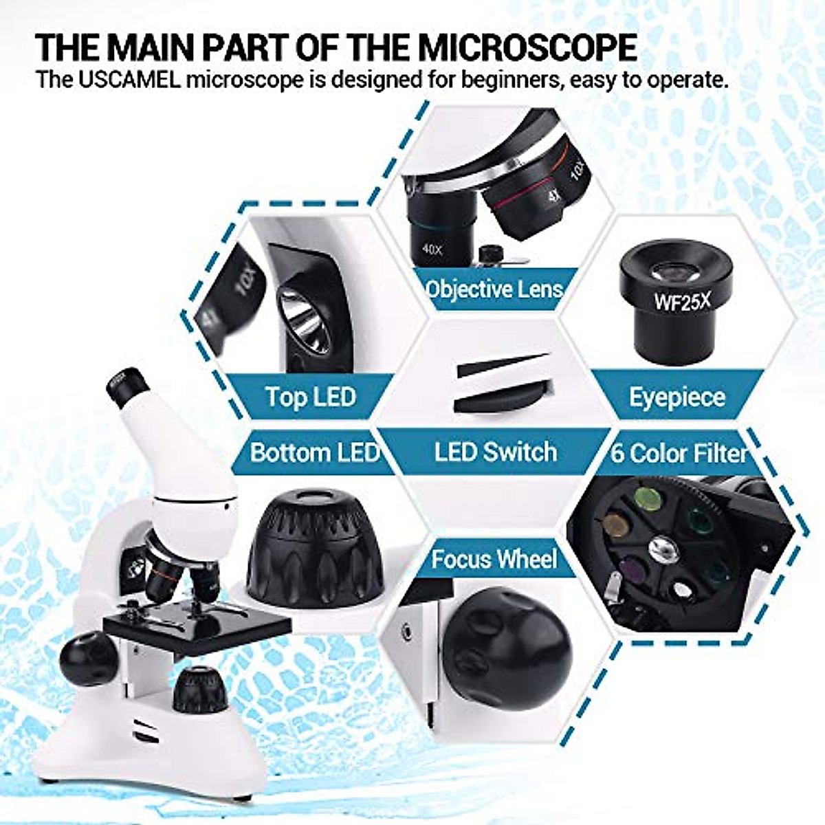 USCAMEL Microscope for Adults Kids, 100X-2000X Magnification Microscope with Microscope Slides Phone Adapter, Compound Monocular Microscope Kit for Students School Home Education