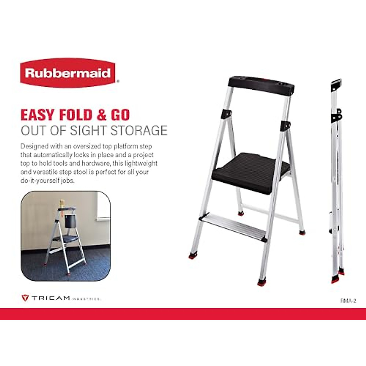 Rubbermaid RMA-2 2-Step Lightweight Aluminum Step Stool with Project Top, Anti-Slip Step Ladder, 225 lb Capacity, Silver Finish