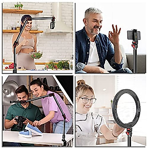 FOUTOUKEEP Flexible Overhead Camera Mount with 1/4“ 3/8" 5/8" Screws, Adjustable 3-Section Camera Stand Clamp with 180° Range & 360° Base, Overhead Webcam Phone Camera Mount for Photography