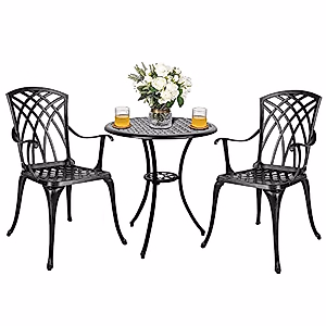 Polar Aurora 3 Piece Patio Bistro Set Cast Aluminum Bistro Table Set Outdoor Round Dining Table with Umbrella Hole for Porch, Lawn, Garden, Backyard, Pool,Black