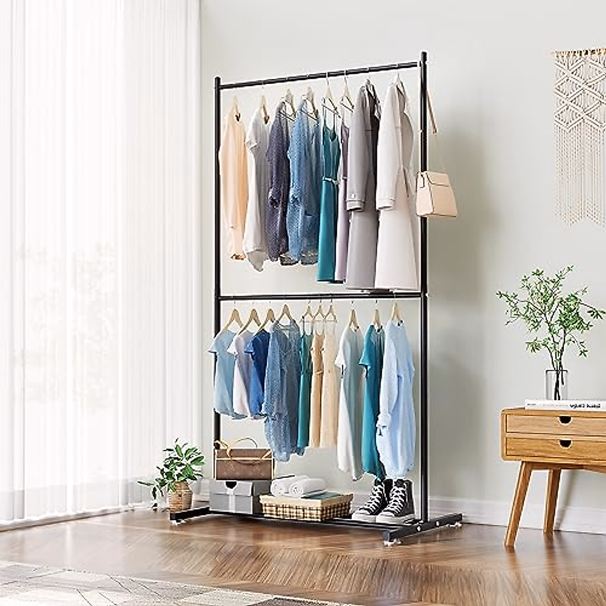 KKgoubz Clothes Rack Double Rod Clothing Rack,Garment Racks for Hanging Clothes,Metal Garment Rack with Bottom Storage,Carbon Steel Black