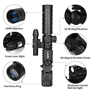 UUQ 3-9X32EG Tactical Rifle Scope Illuminated Red & Green Range Finder Reticle W/Reflex Sight & Green Laser Sight