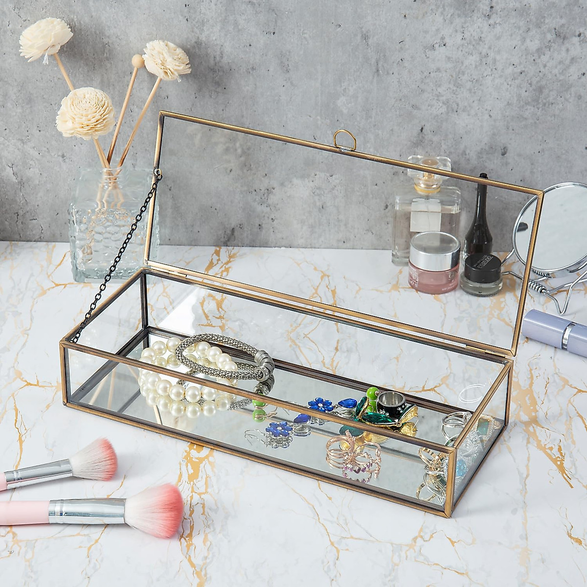 MyGift Glass Jewelry Box, Vintage Style Brass Metal & Clear Glass Mirrored Shadow Box Jewelry Display Case with Hinged Top Lid