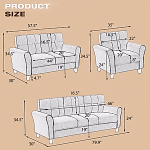 Harper & Bright Designs 3-Piece Living Room Sectional Sofa Set, Modern Style Button Tufted Linen Upholstered Armchair Loveseat Sofa and Three Seat Sofa Set Sectional Couch, Light Gray