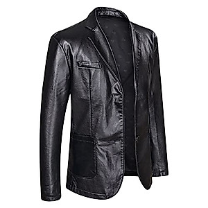 Mens Faux Leather Moto Blazer Classic Casual PU Leather Slim Jacket Stylish Motorcycle 2 Button Lapel Sport Coat (Black,170)