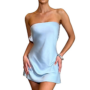 LYANER Women's Satin Silk Hollow Out Back Strapless Tube Bodycon Club Mini Dress Blue# Medium