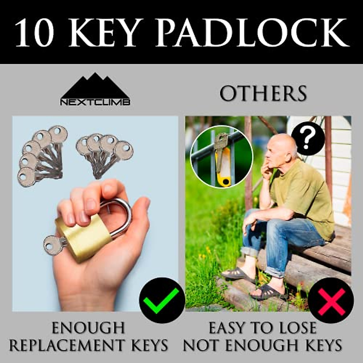 NextClimb Heavy Duty 2" Large Padlock with 10 Matching Keys - Weatherproof Rust Resistant Steel Brass Keyed Aylock for Outdoor Fence, Door, Gym, Storage Unit