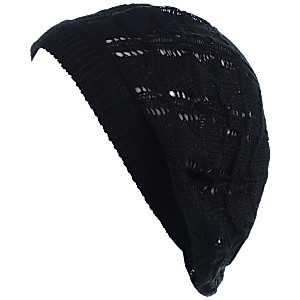 BYOS Chic Parisian Style Soft Lightweight Crochet Cutout Knit Beret Beanie Hat (2-Pack Wavy Stripes Charcoal Gray & Black)