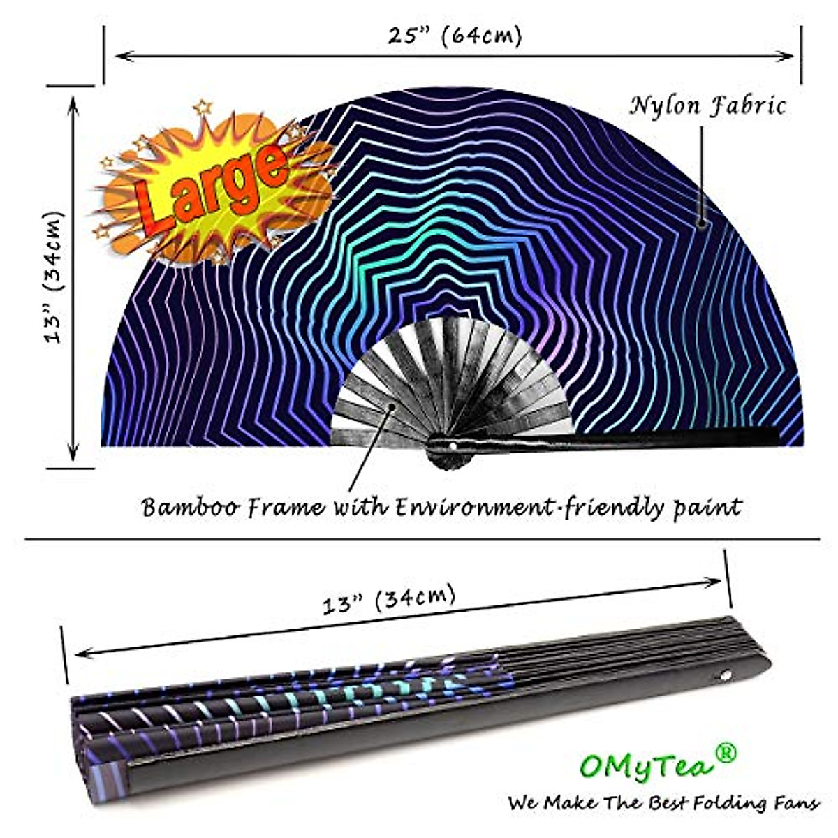 OMyTea Rave Clack Hand Fan for Men/Women - Large Chinese Japanese Bamboo Folding Handheld Fan - for EDM, Music Festival, Club, Event, Party, Dance, Performance, Decoration, Gift (Illusion Trippy)