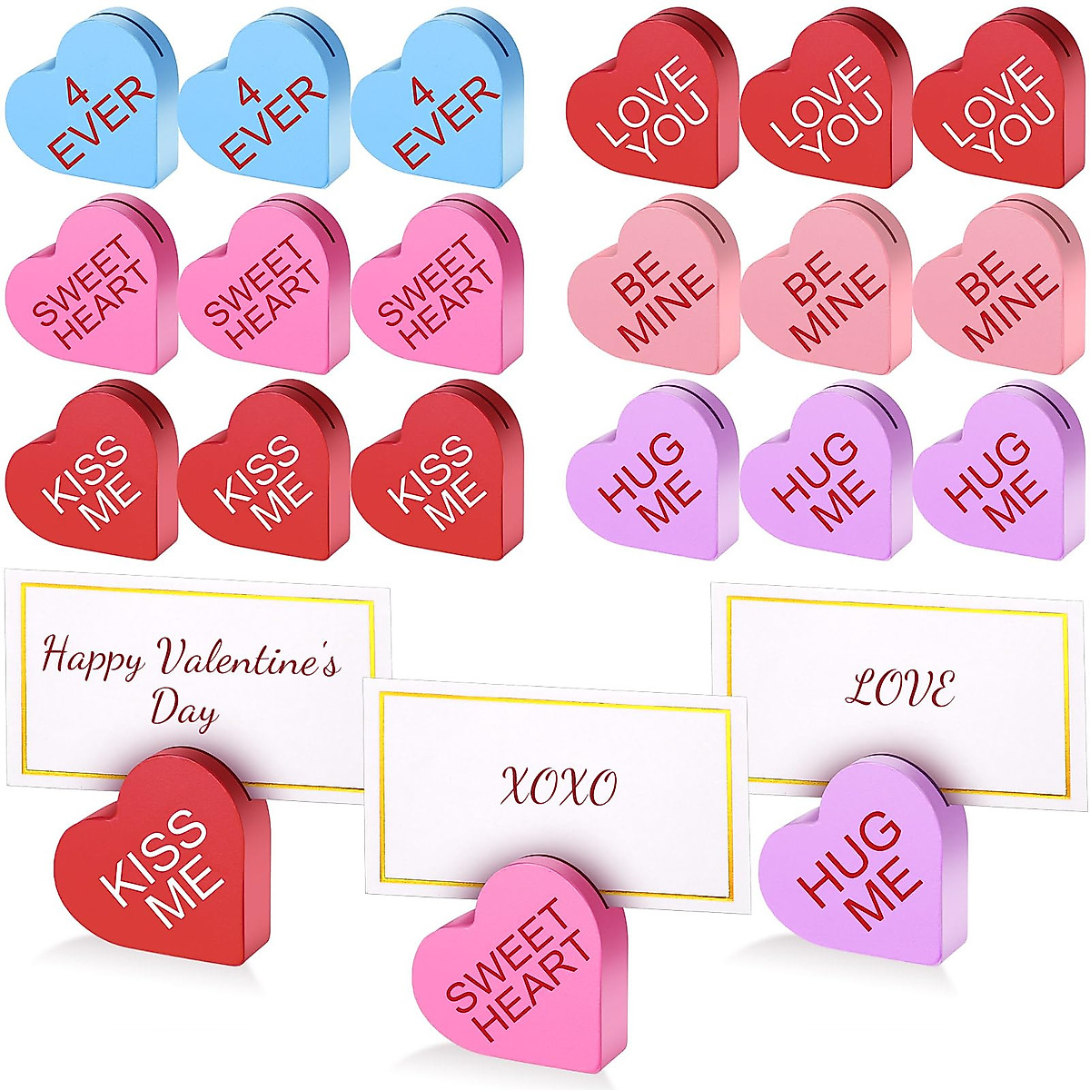 Qunclay 18 Pcs Valentine's Day Wooden Heart Place Card Holder Mini Heart Decor with 30 Pcs Gold Foil White Place Card Table Photo Number Sign Stand Holder for Place Setting Decoration(Lovely Style)