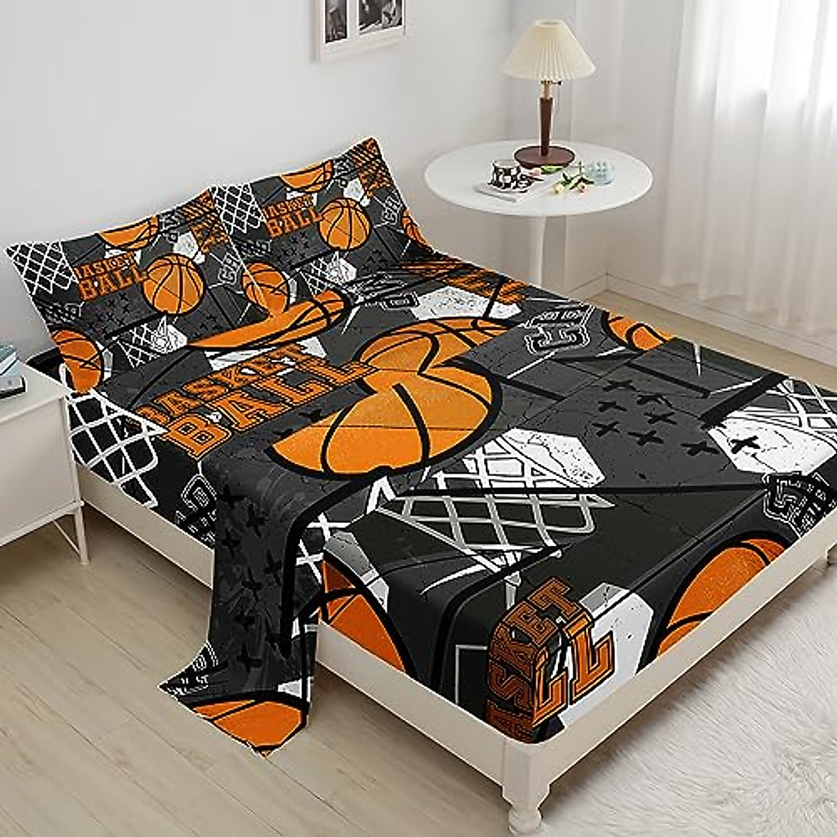 BailiPromise Basketball Sports Microfiber Flat Fitted Sheets Set for Children Graffiti Style Soft Bed Sheets Basketball Frames Kids Sheets Set Twin Size 1 Fitted Sheet, 1 Flat Sheet, 2 Pillow Cases