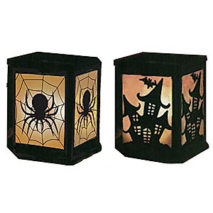 Halloween PVC Haunted House Bat and Spider Decorative Lanterns Battery Powered LED Light Up Electric Votive Candle Tea Light Foldable Collapsible -Set of 2